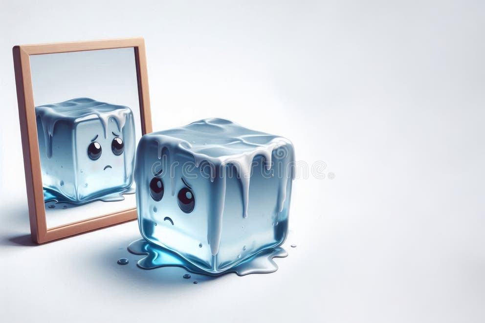 A Sad Melting Ice Cube Looks in the Mirror. Space for Text. Stock Photo ...