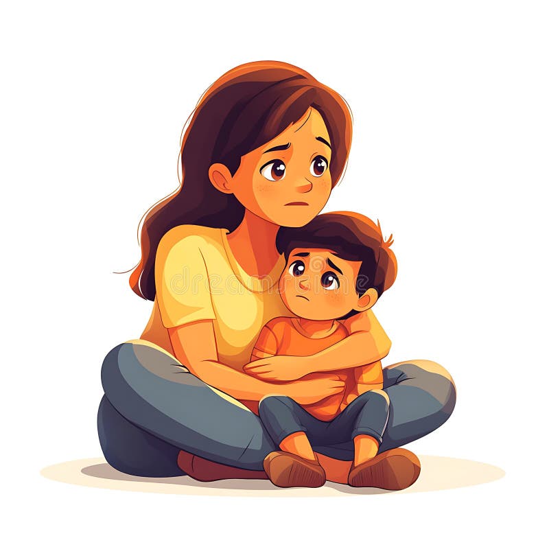 Sad Mother and Son Hugging on the Floor, Digital Illustration Stock ...