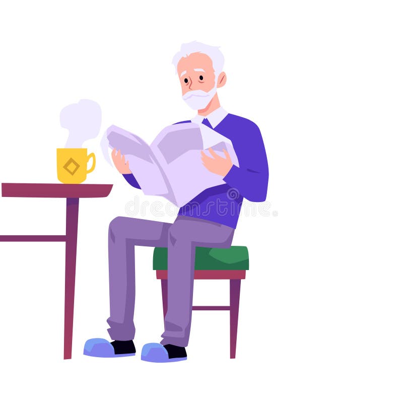 Sad Old Man Sitting at Table with Cup of Hot Drink and Reading ...