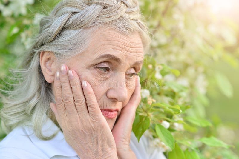 Sad Old Nice Beautiful Woman in Park Stock Photo - Image of expressing ...