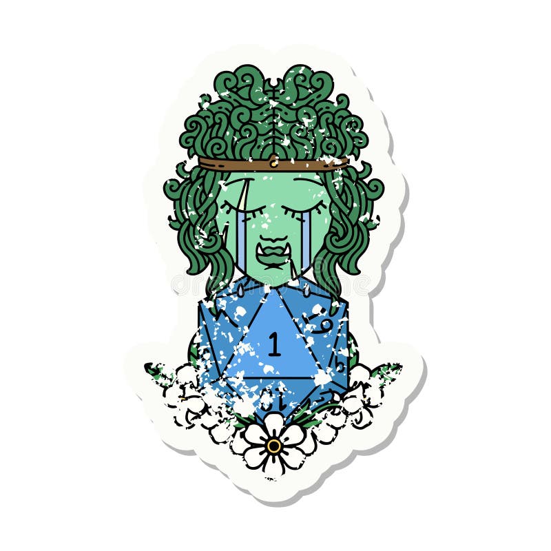 Sad Orc Barbarian Character Face with Natural One D20 Roll Grunge ...