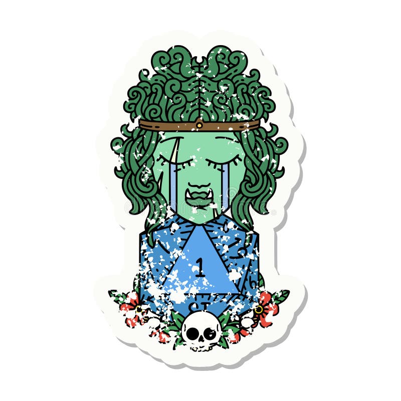 Sad Orc Barbarian Character Face with Natural One D20 Roll Grunge ...