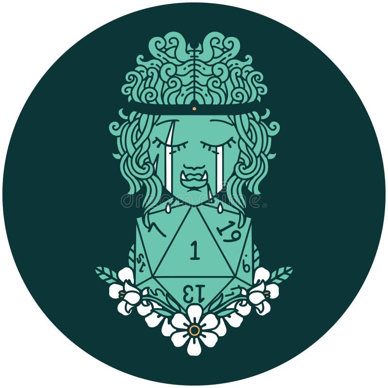 Sad Orc Barbarian Character Face with Natural One D20 Roll Icon Stock ...