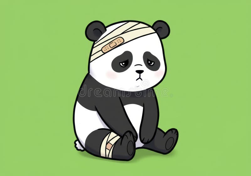 Sad Panda with Bandages Sitting Down on Green Background Stock ...