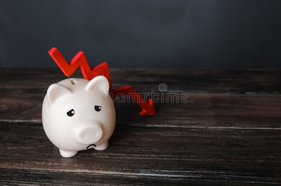 Sad Piggy Bank and Down Arrow. Savings and Reserves Decrease. Inflation ...