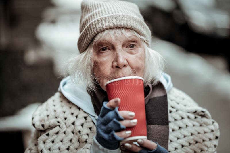 Sad Poor Woman Standing with a Cup of Tea Stock Image - Image of mature ...