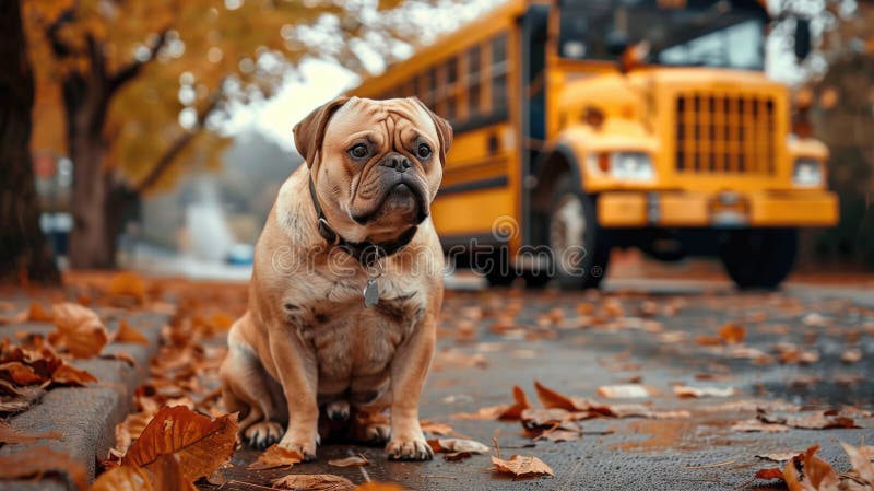 Sad Pug Sitting on a Wet Sidewalk with Fallen Leaves and a School Bus ...