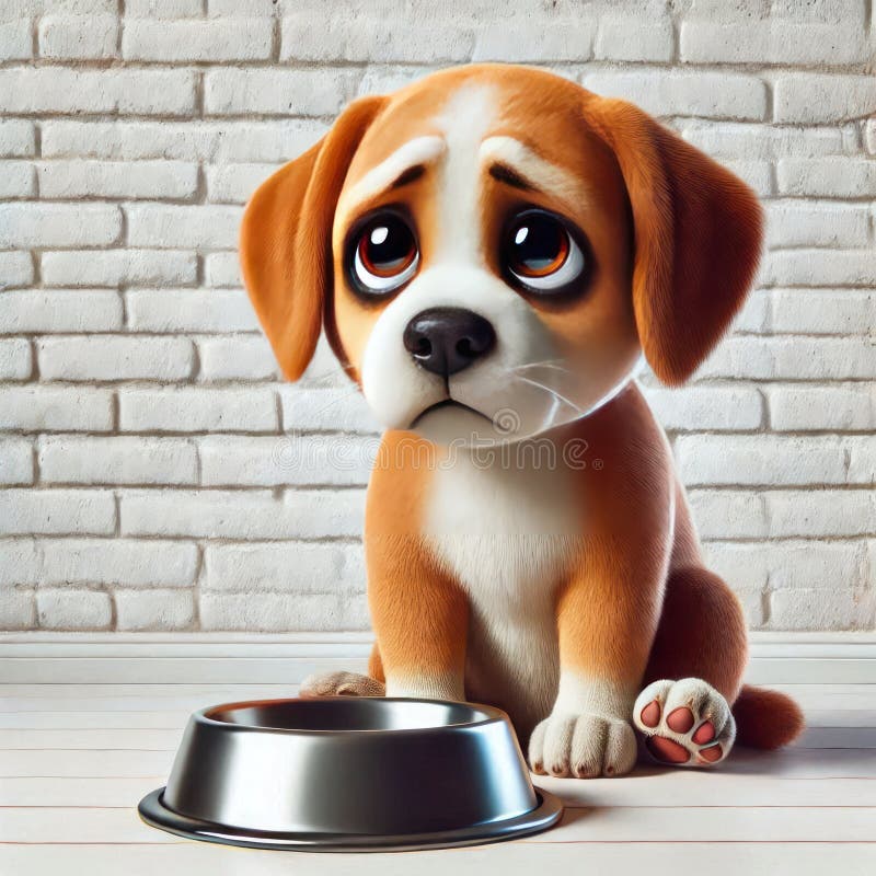 Sad Puppy with Empty Bowl on Brick Wall Background. Stock Image - Image ...