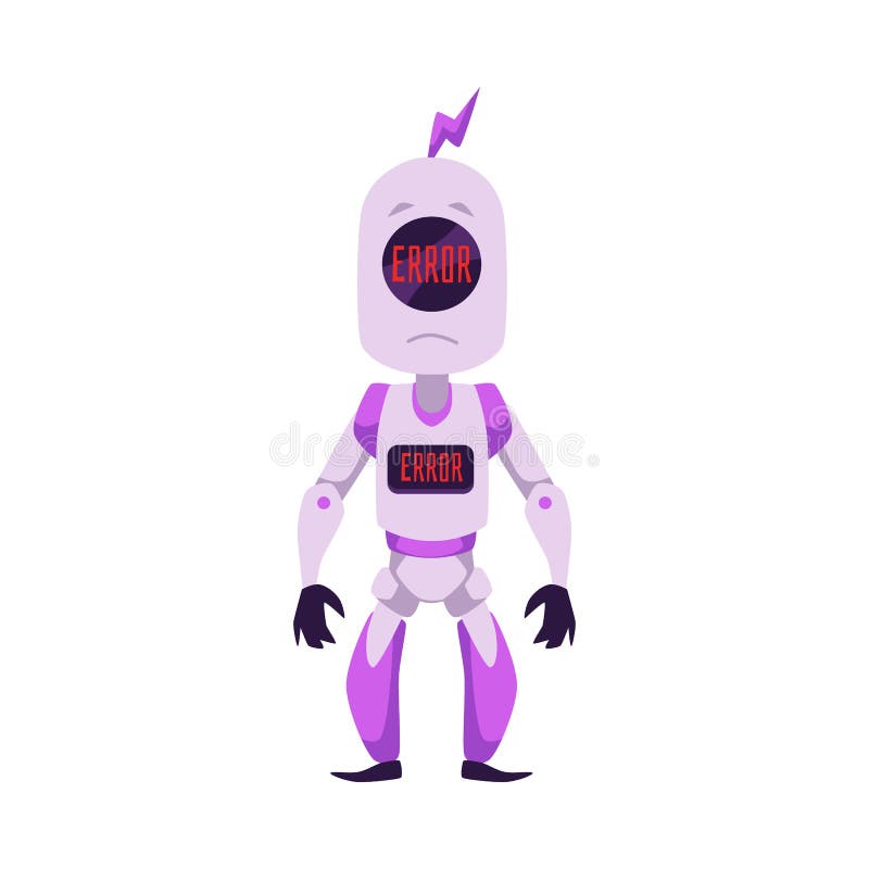 Sad Purple Standing Mascot Robot with Error Message on Screen Flat ...