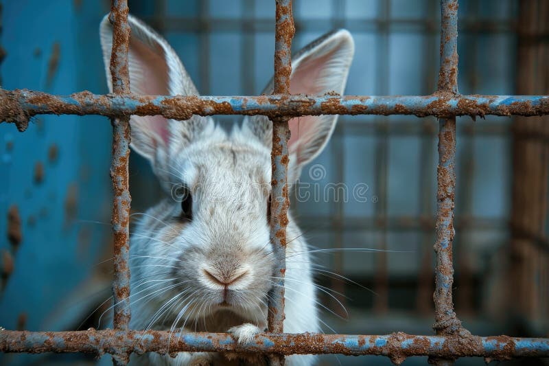 A Sad Rabbit Sits in a Cage and Looks Out at the World with Big, Sad ...