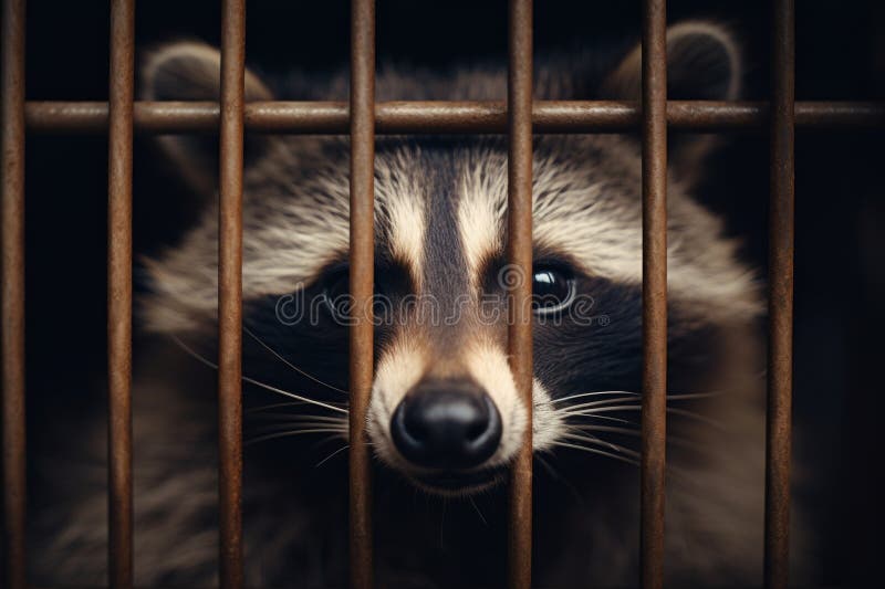 Sad Raccoon is Looking Out of a Cage. Raccoon Looking through the Cage ...
