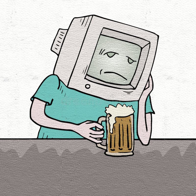 Sad retro computer drinker stock illustration. Illustration of draw ...