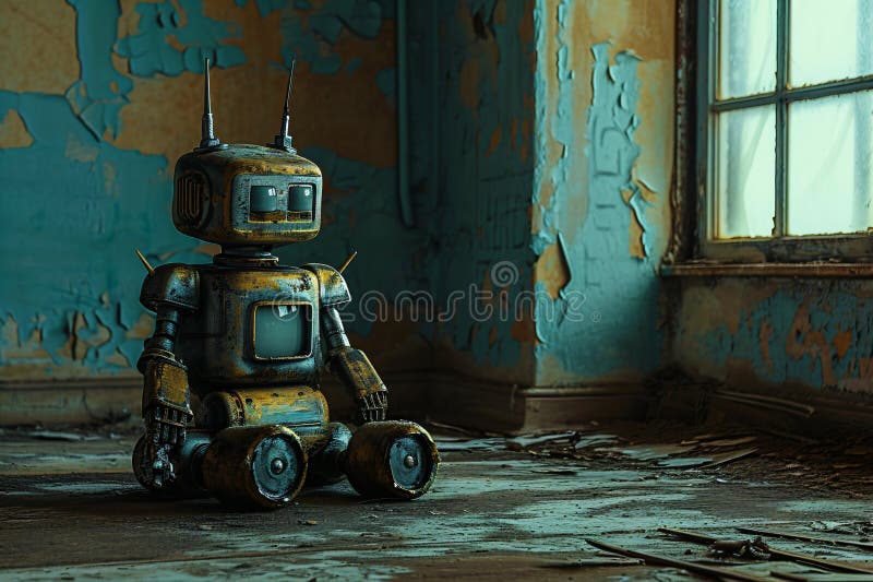 Sad robot alone in a room stock illustration. Illustration of bleak ...