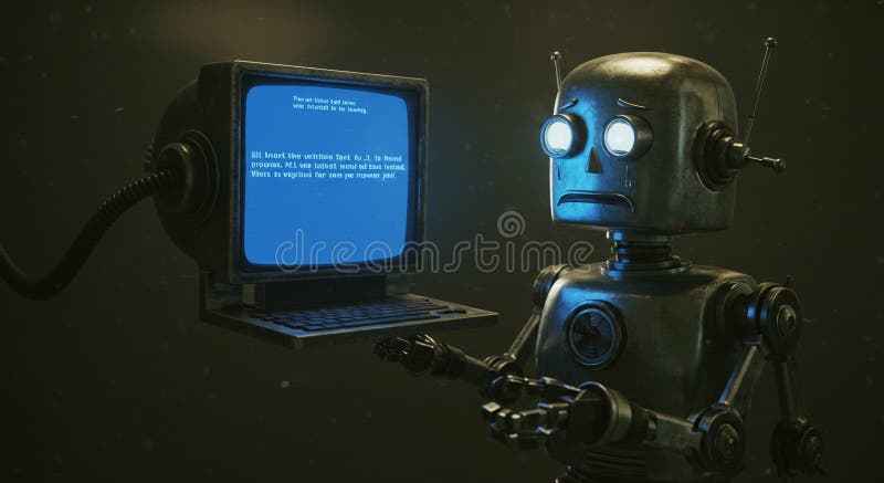 A Sad Robot with Glowing Eyes Sheds a Tear in Front of a Computer ...