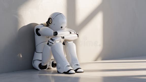 Sad Robot Sitting Alone in a Bright Open Room Stock Illustration ...