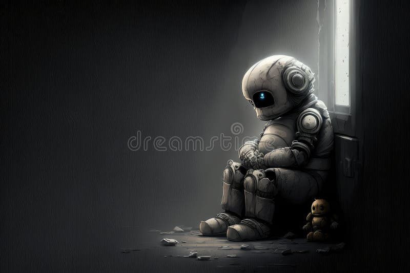 Sad Robot Sitting in Dark Room and Thinking about Something Stock ...