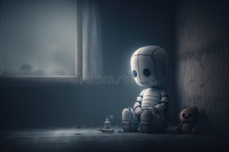 Sad Robot Sitting in Dark Room and Thinking about Something Stock ...