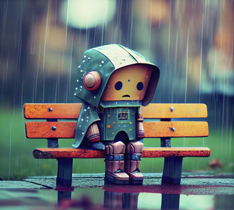 Sad Robot Sitting on a Park Bench in the Rain Generative AI ...