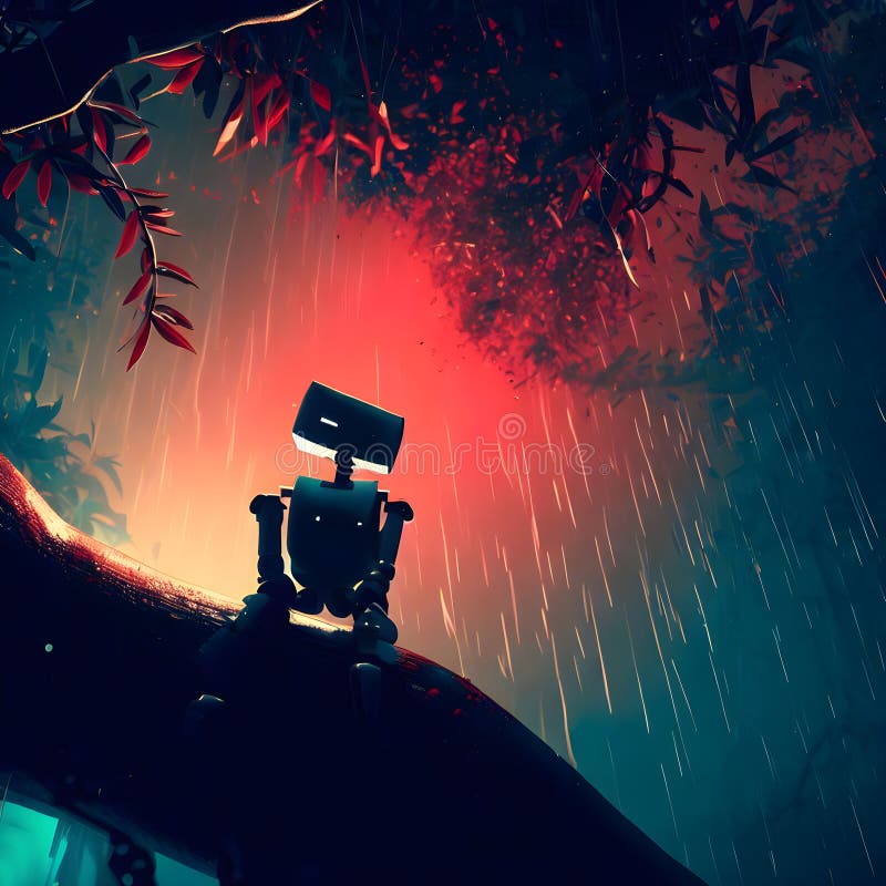 Sad Robot is Sitting on Tree in Rainy Time. Lonely Machine, Alone ...