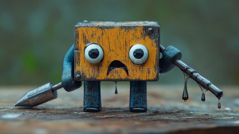 Sad Robot Toy Holding Tools and Leaking Oil Stock Image - Image of ...