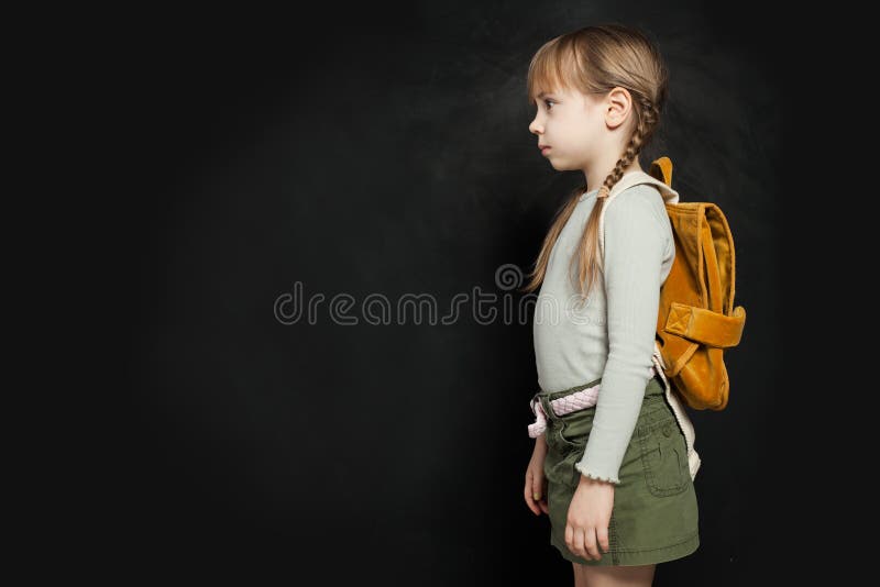 Sad School Child Girl Standing with Backpack on Black. School Problem ...