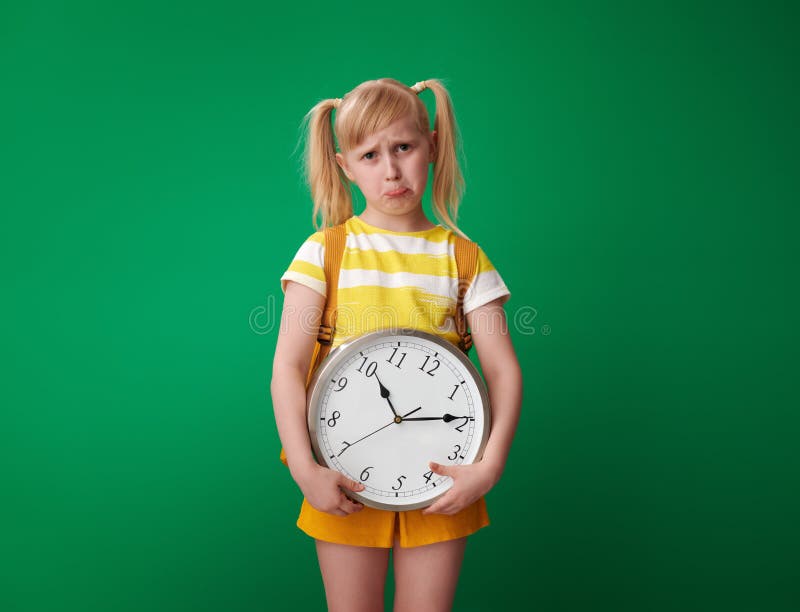 Sad School Girl Backpack Clock Isolated Green Stock Photos - Free ...