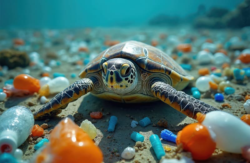 Sad Sea Turtle Surrounded by Plastic Debris in Ocean. Plastic Pollution ...