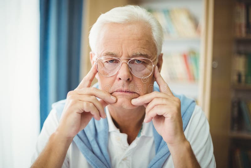 Sad Senior Man Sitting at Table Stock Image - Image of melancholy, home ...