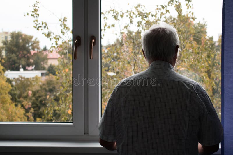 Sad Senior Man Stand Alone at Home Inside Closeup Depressed Stock Image ...