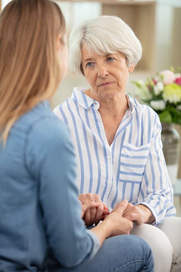 Sad Senior and Young Woman Talking at Home Stock Image - Image of ...
