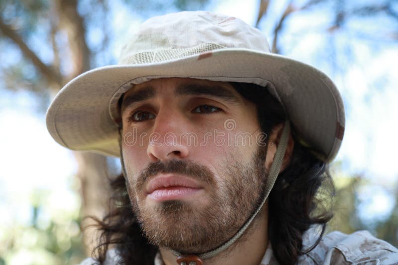 Sad Serviceman Sitting Ground Countryside Reflects Memorial Day Stock ...