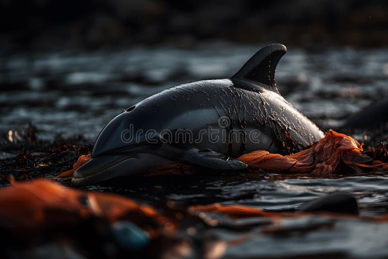 A Sad Sight of a Dolphin Entangled in Plastic Waste. Stock Photo ...