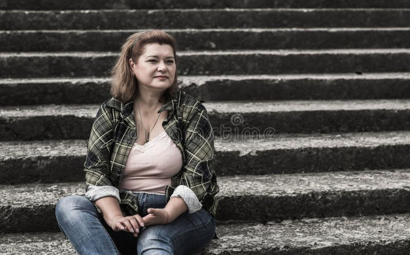 Plus Size Older Woman 50-55 Years Old Walking and Thinking about ...