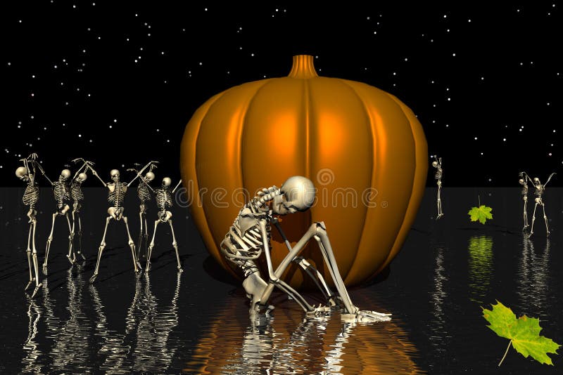Sad skeleton with pumpkin stock illustration. Illustration of scary ...