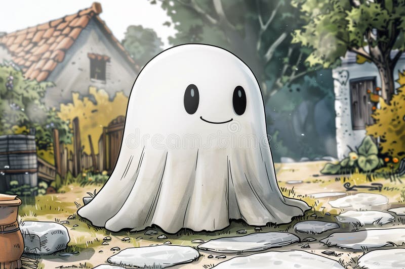 A Sad Small Ghost. a White Ghost is Standing in Front of a Dark Foggy ...