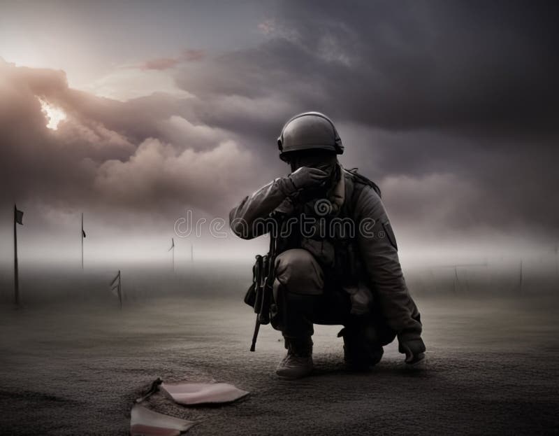 Sad soldier in the war stock illustration. Illustration of landscape ...