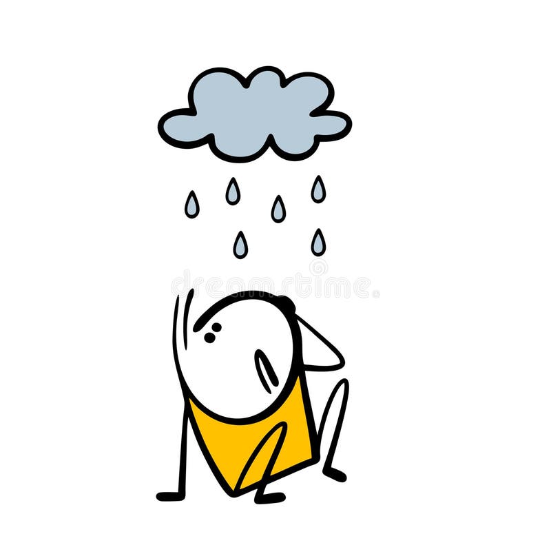 Sad Stickman Sits on the Ground and Looks Up at the Sky. Vector ...