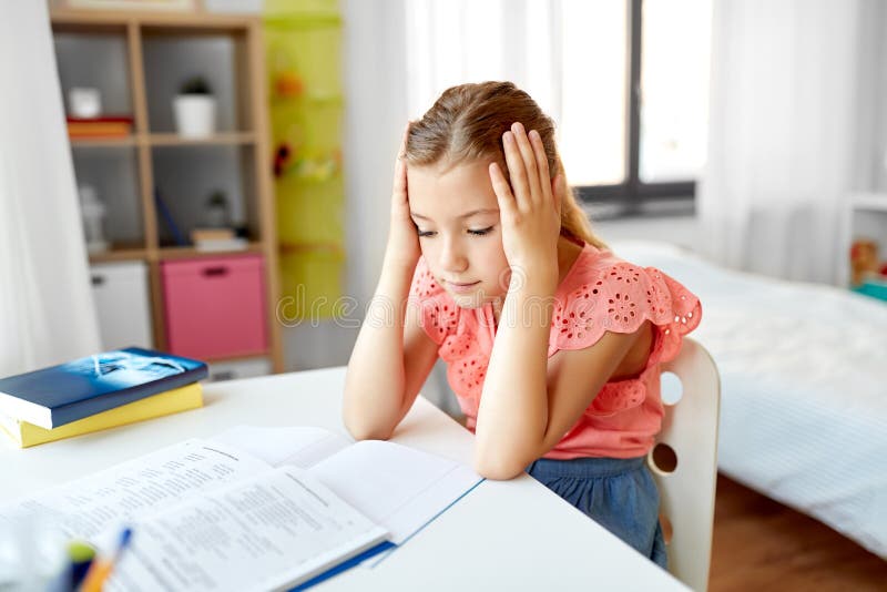 Sad Student Girl with Notebook at Home Stock Photo - Image of table ...