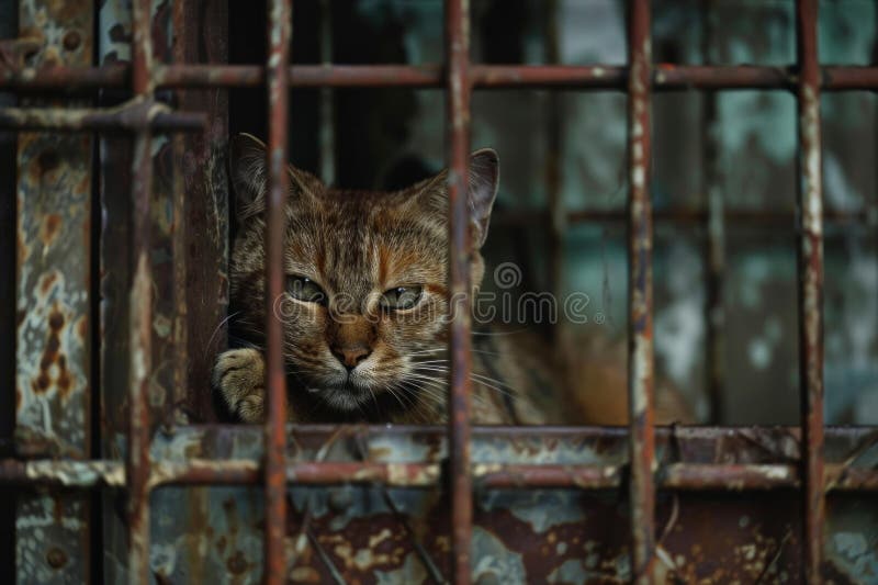 Sad Cat Looking through Bars of Rusty Cage Stock Photo - Image of moody ...