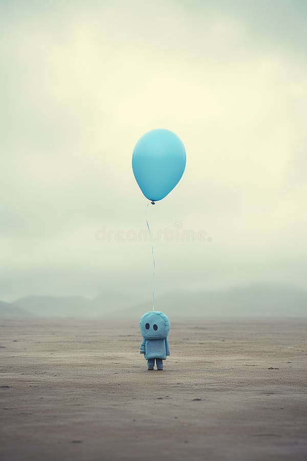 Sad Tiny Human with Blue Balloon Stand on Empty Field, Concept of Blue ...