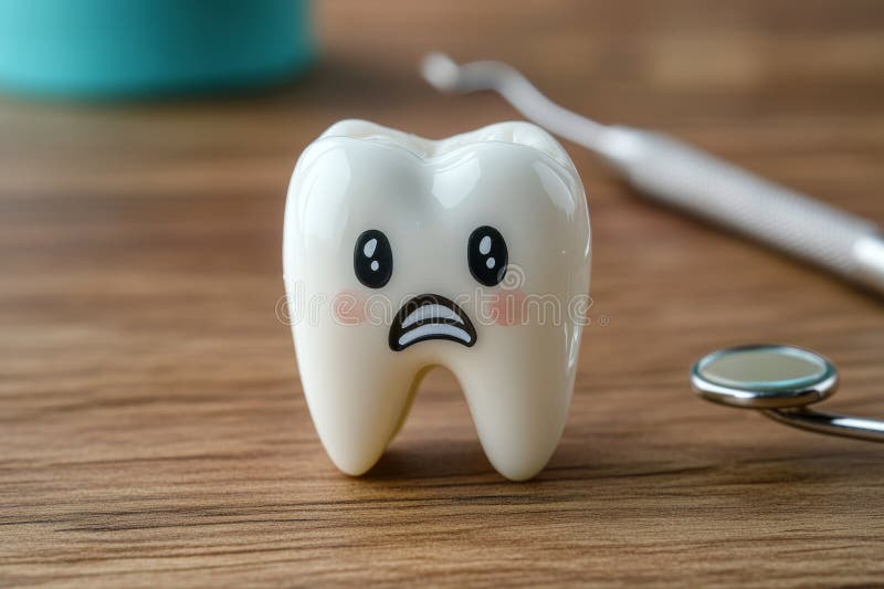 Sad Tooth Figurine Sits on a Wooden Surface with Dental Tools ...