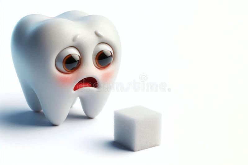 A Sad Tooth Next To a Piece of Sugar. Space for Text. Stock ...
