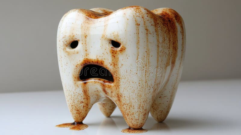 Sad Tooth Sculpture with Coffee Stains on White Background Stock Photo ...