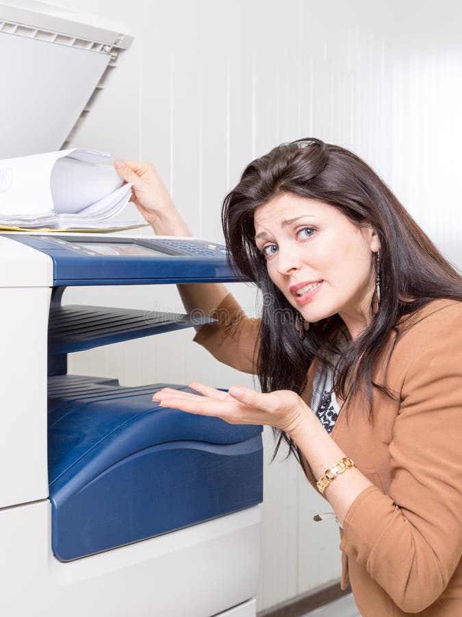 Sad Unhappy Woman in Office with Copier Printer Stock Photo - Image of ...