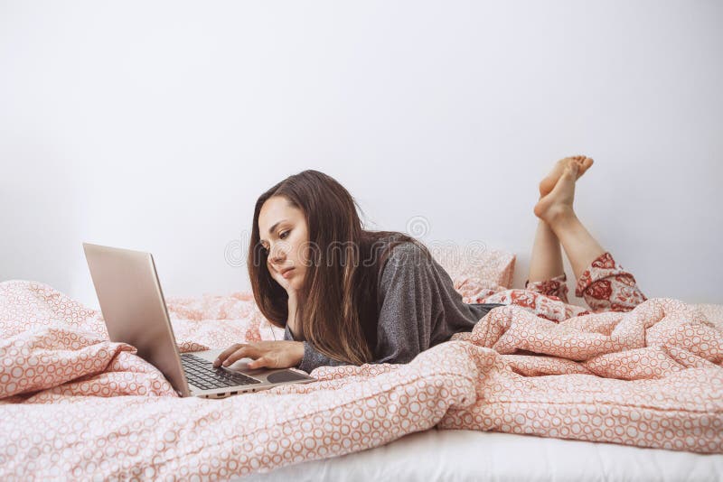 Sad or Upset Girl Using a Laptop Stock Image - Image of home ...