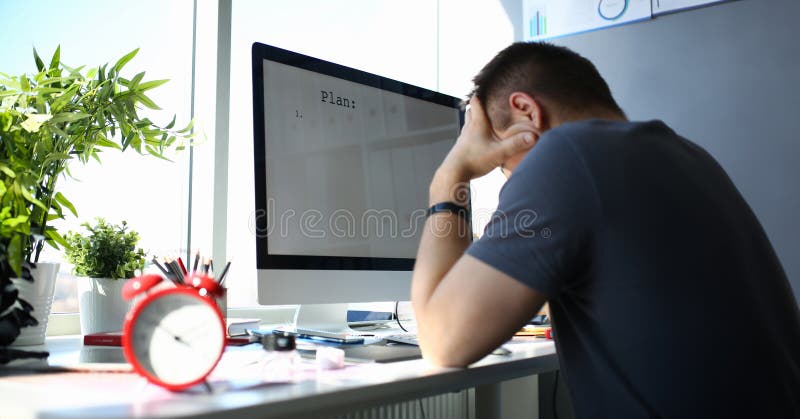 Sad Upset Male Worker Hold His Head Solving Business Problem Stock ...