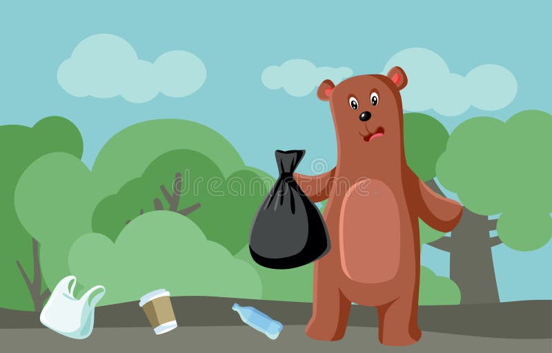 Sad Vector Cartoon Bear Picking Up Garbage in a Forest Stock Vector ...