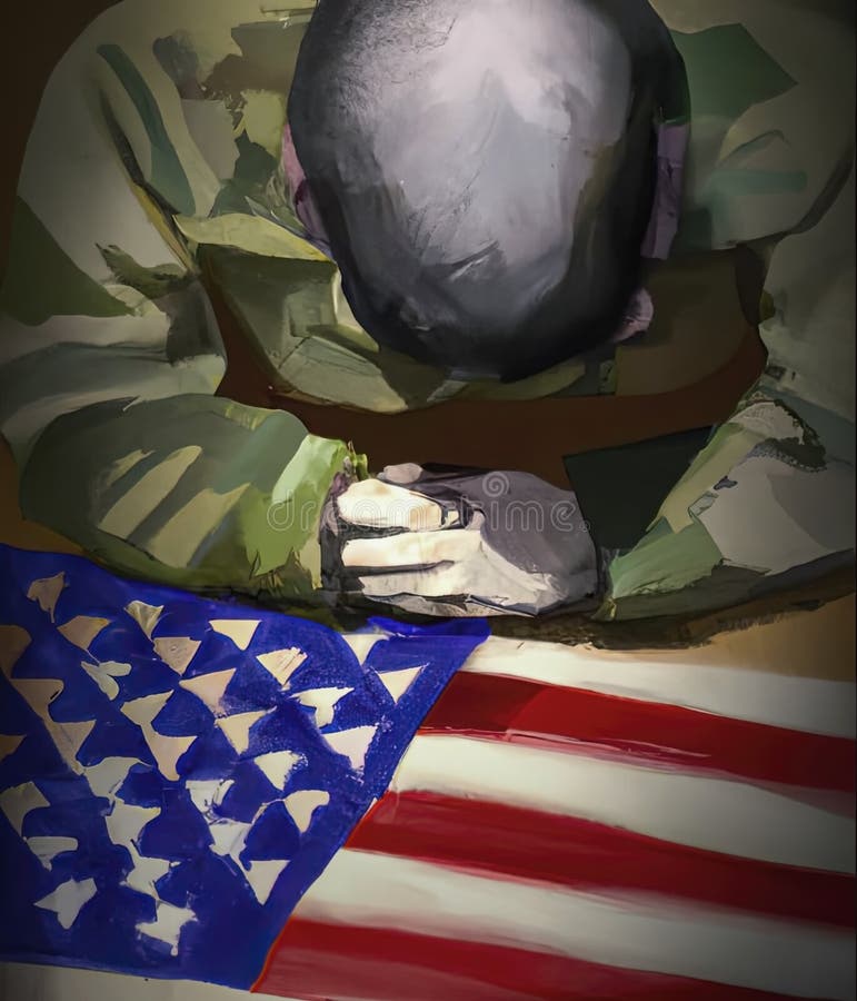 Sad Veteran Soldier Over the Flag Stock Illustration - Illustration of ...