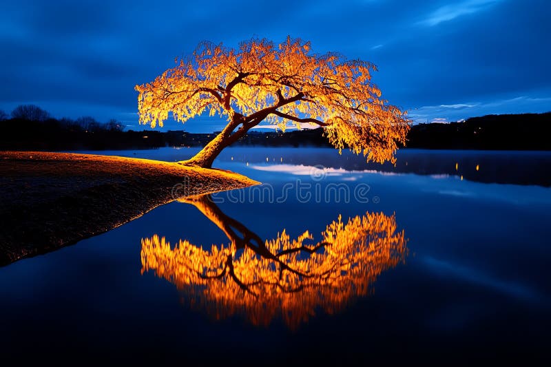 A Sad Willow Tree with Drooping Branches, Its Reflection Mirrored in a ...