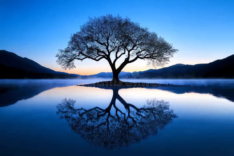 A Sad Willow Tree with Drooping Branches, Its Reflection Mirrored in a ...